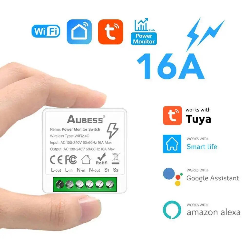 Tuya WiFi MiNi Smart Switch With Energy Monitor 16A 2-way Control DIY Breaker Timer Wireless ...