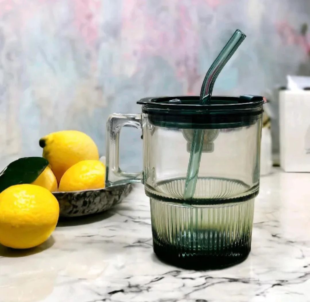 Random Color 400ml Square Glass Mug With Handle, Straw & Lid, Drinking ...