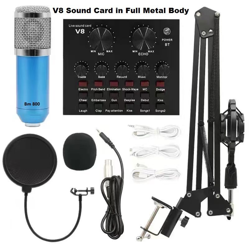 Bm 800 Condenser Microphone With V8 Sound Card & Microphone stand | Daraz.pk
