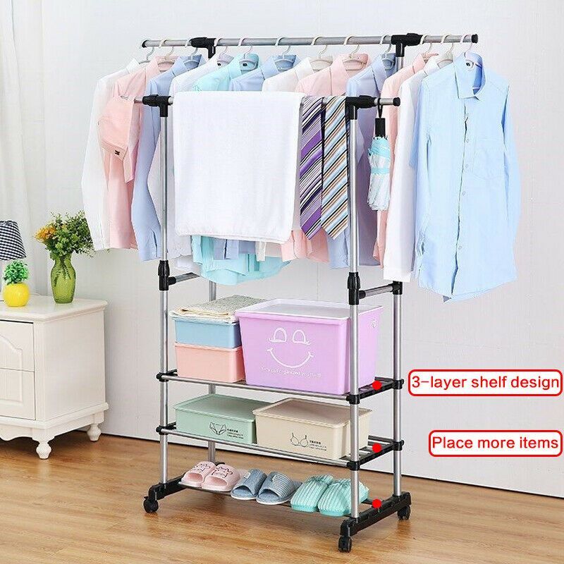 Multipurpose & Adjustable Stainless Steel Double Pole Cloth Hanger with ...