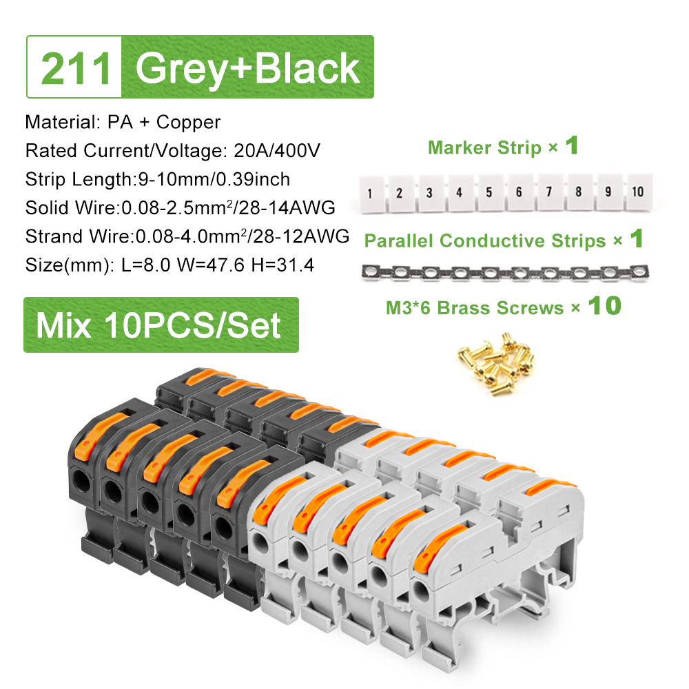 10PCS Din Rail Terminal Block 211 Wire Electrical Conductor Universal ...