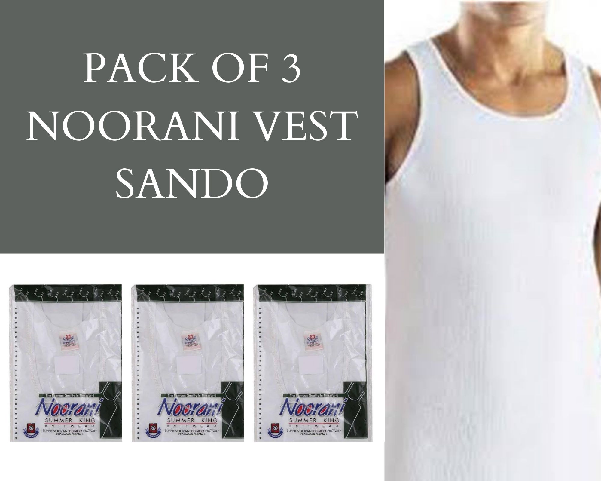 Pack of 3 Noorani Men's Sando - Orignal Noorani Cotton Vest - White ...