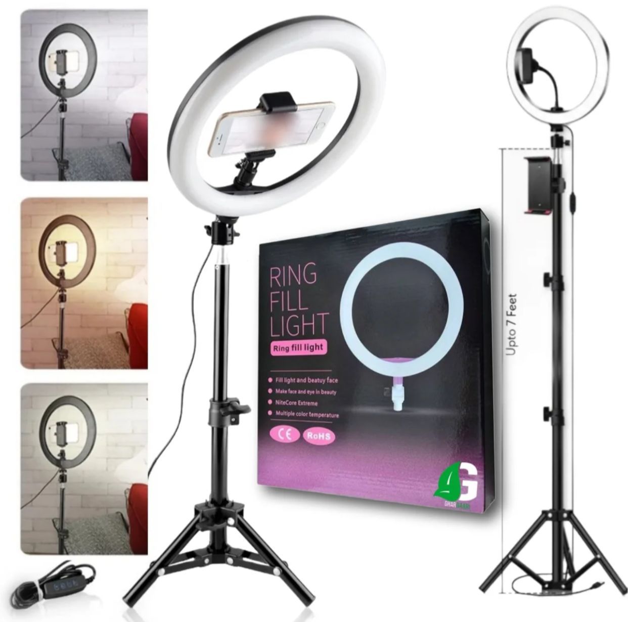 26cm Ring Light with 7ft Aluminium Tripod Stand & Mobile Holder (3 ...