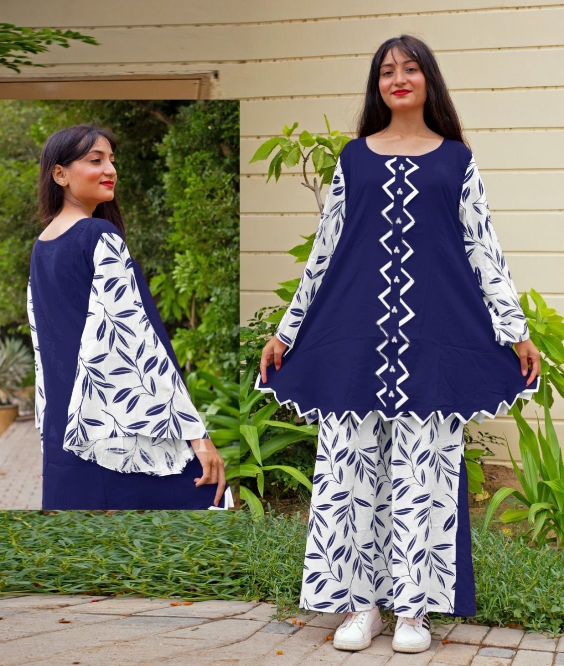 Two Piece Pearl Moti Work Frock With Printed Sleeves And Printed ...