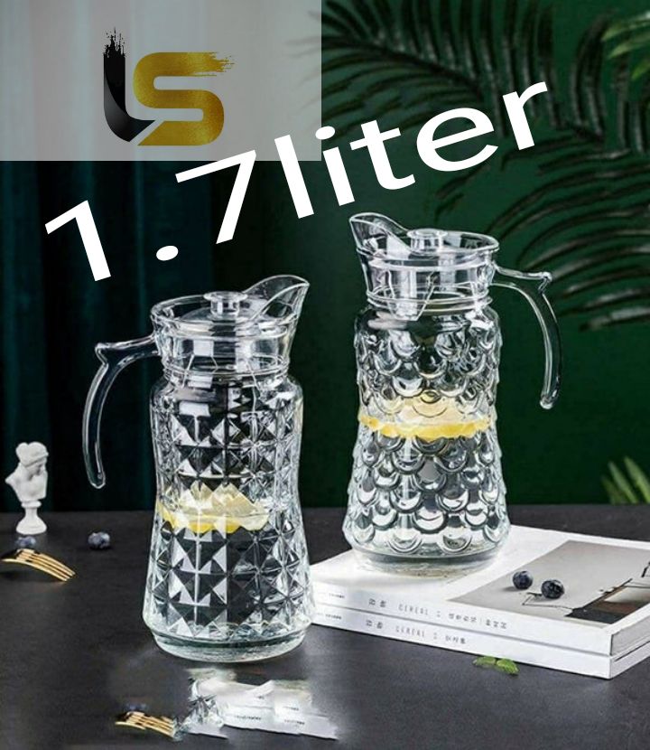 Delisoga Textured Glass Water Jug with Lid (1pcs), 1.7-Liter, Hot Cold ...
