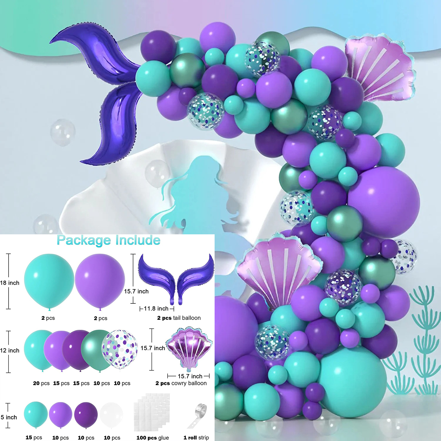140Pcs Purple Mermaid Theme Shell Balloon Arch Kids Girl Birthday ...
