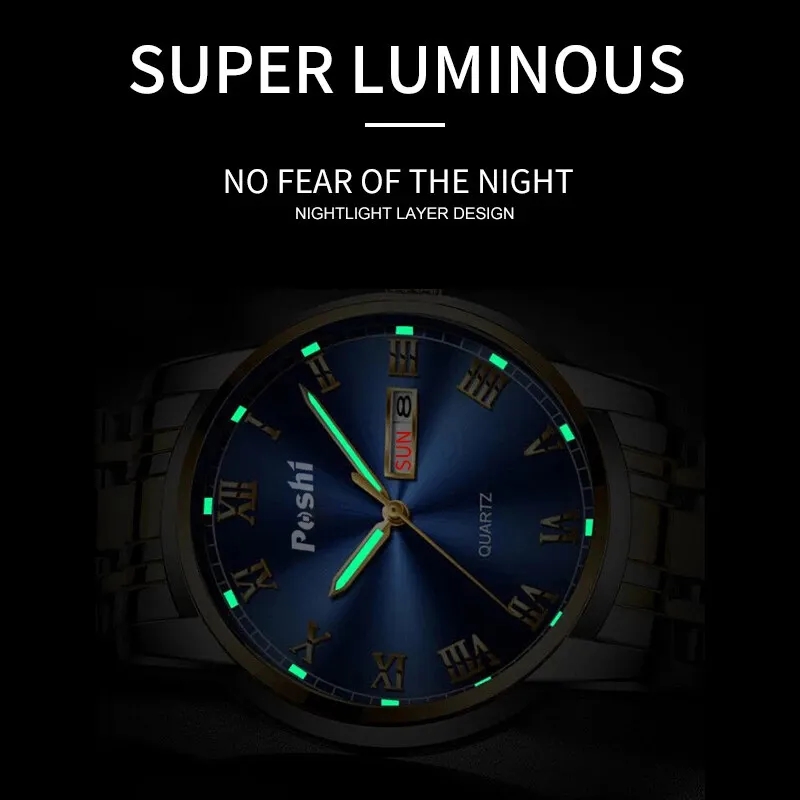 POSHI Stainless Steel Quartz Wrist Watch for Man Luxury Week Date ...