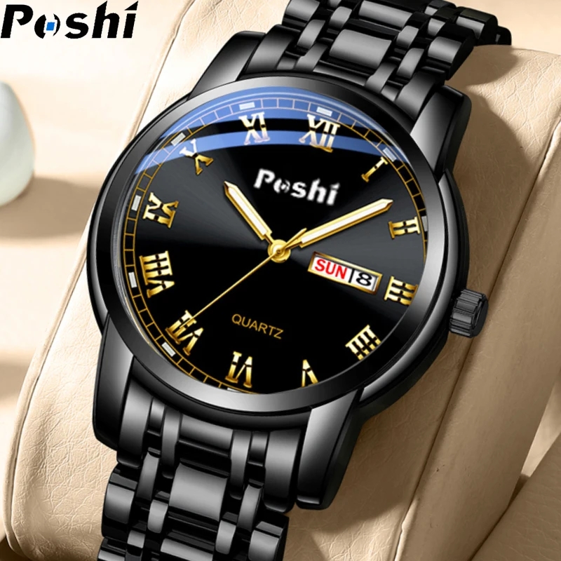 POSHI Stainless Steel Quartz Wrist Watch for Man Luxury Week Date ...