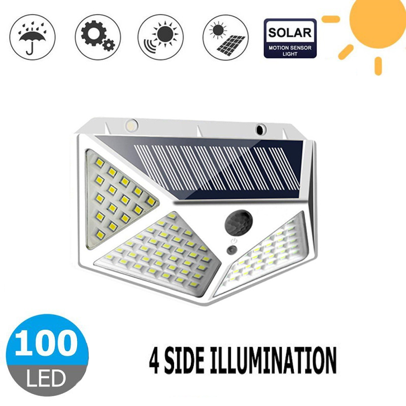 100 LED Solar Wall Lamp 4 Sides Luminous With Motion Sensor Human Induction Courtyard Waterproof ...