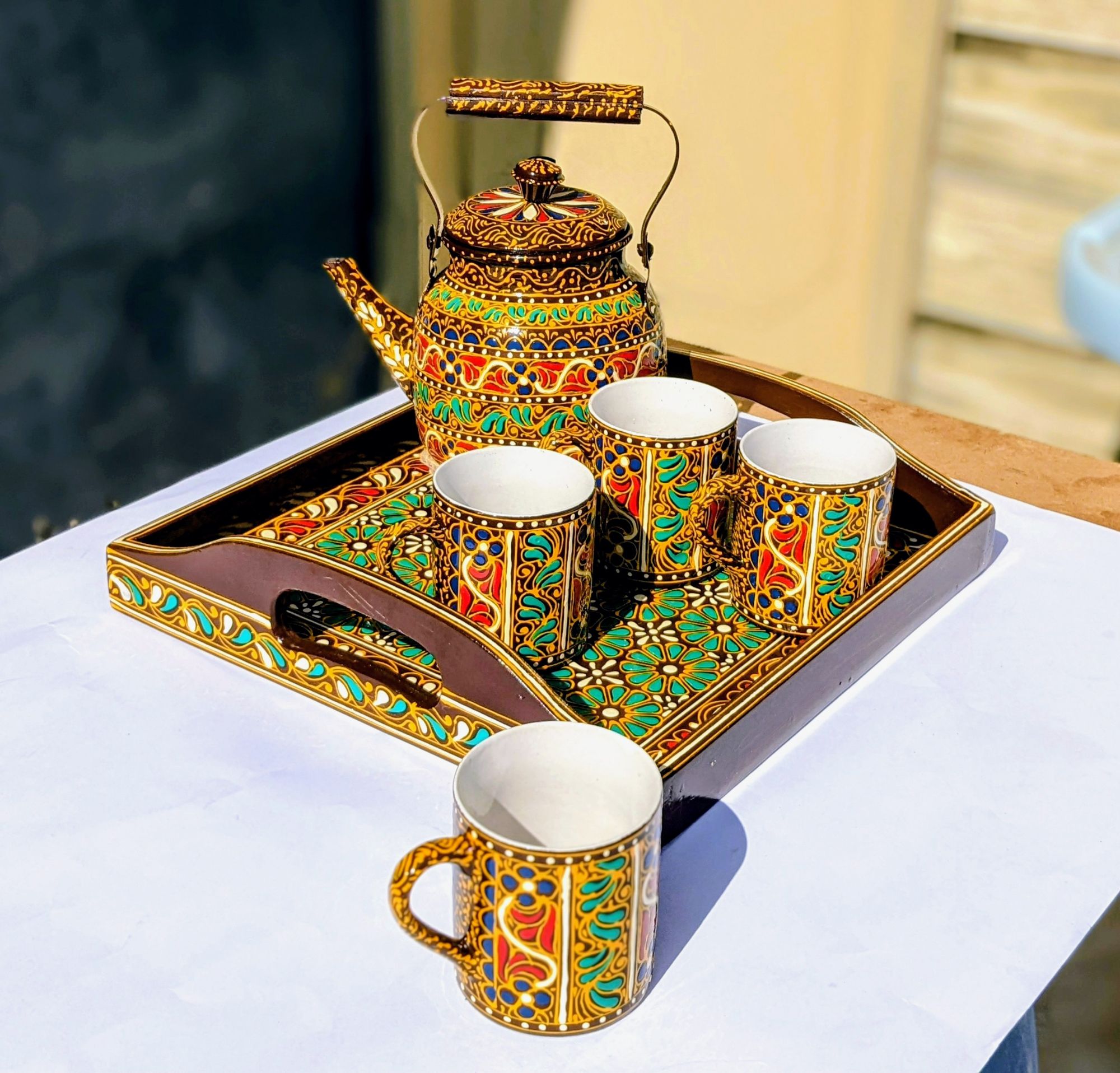 swati traditional art hand painted ceramic cups and steel teapot set ...