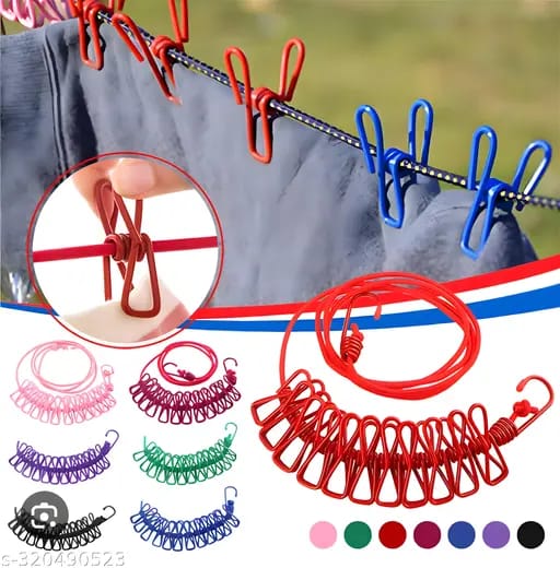 Stretchable Clothes line with 12 Clips Drying Clothesline Hanger Steel ...