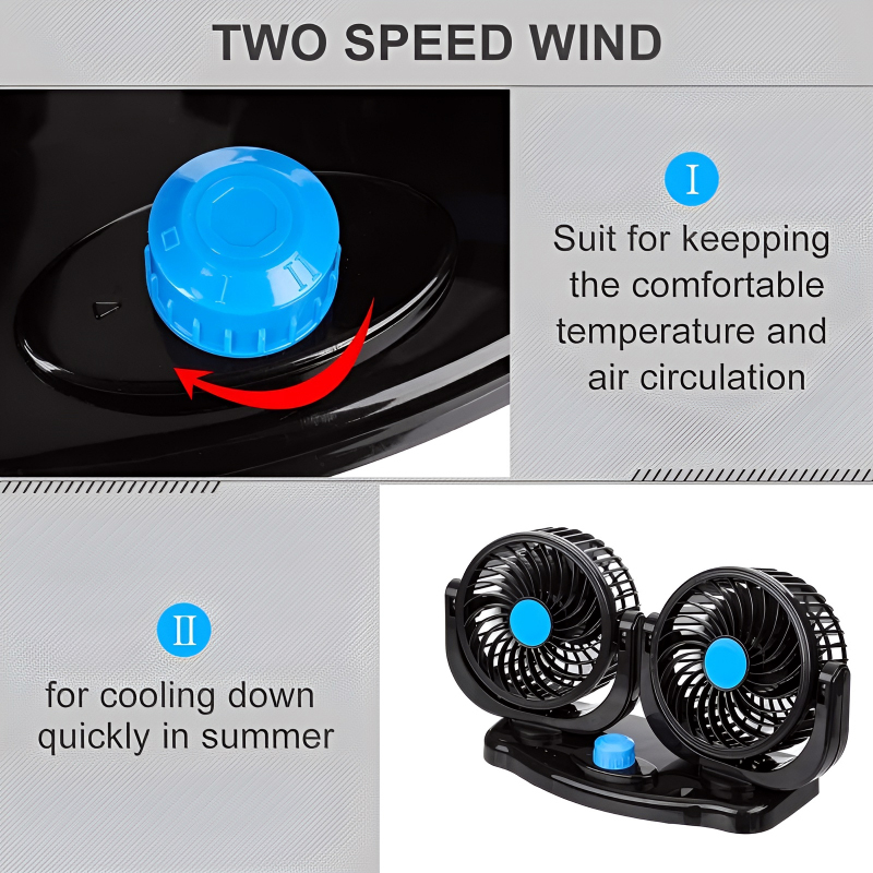 F30 Dual-Headed 360° Rotating Car Fan with Low Noise & Adjustable ...