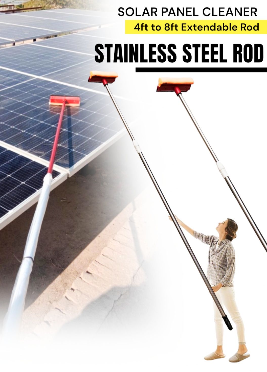 Solar Panels Cleaner with 4ft to 8ft Long Stainless steel Extendable ...