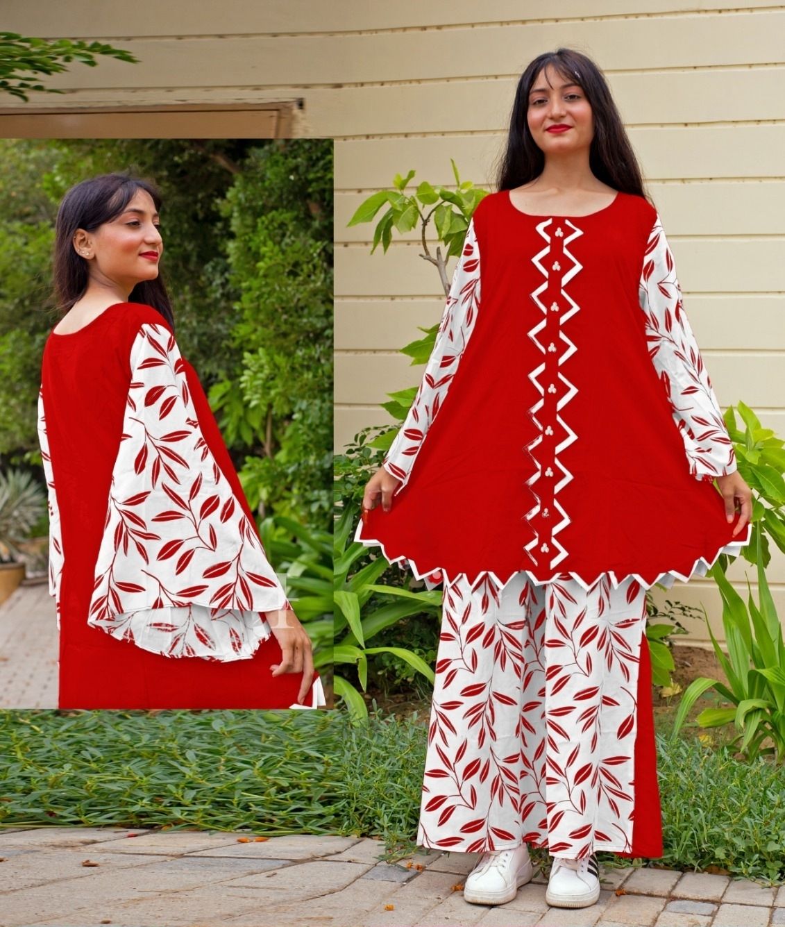 Two Piece Pearl Moti Work Frock With Printed Sleeves And Printed ...