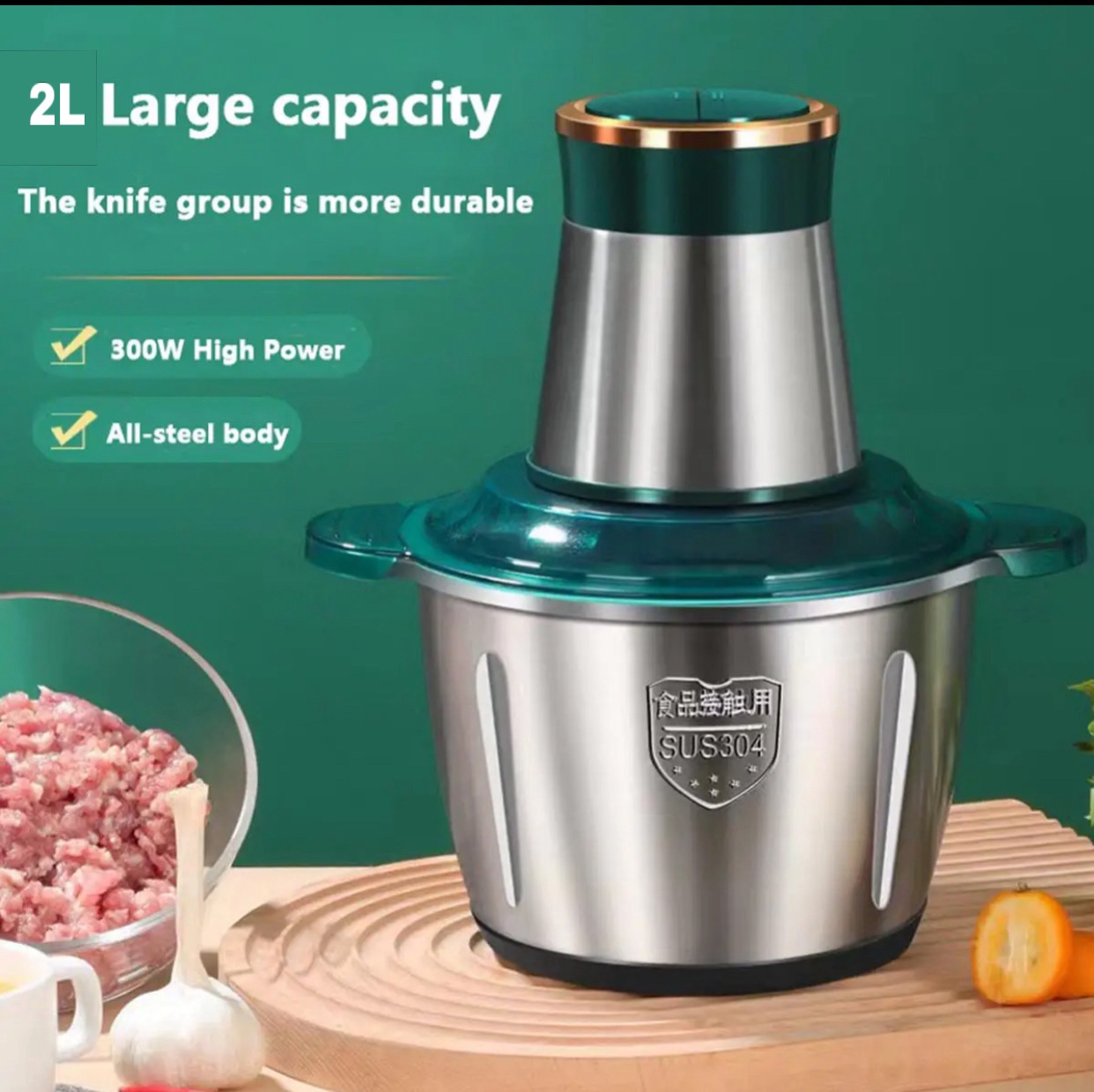 Electric meat chopper stainless steel 4 blades 2 liter food processor ...