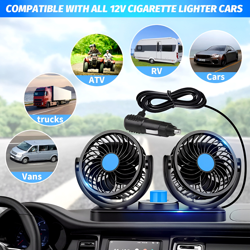 F30 Dual-Headed 360° Rotating Car Fan with Low Noise & Adjustable ...