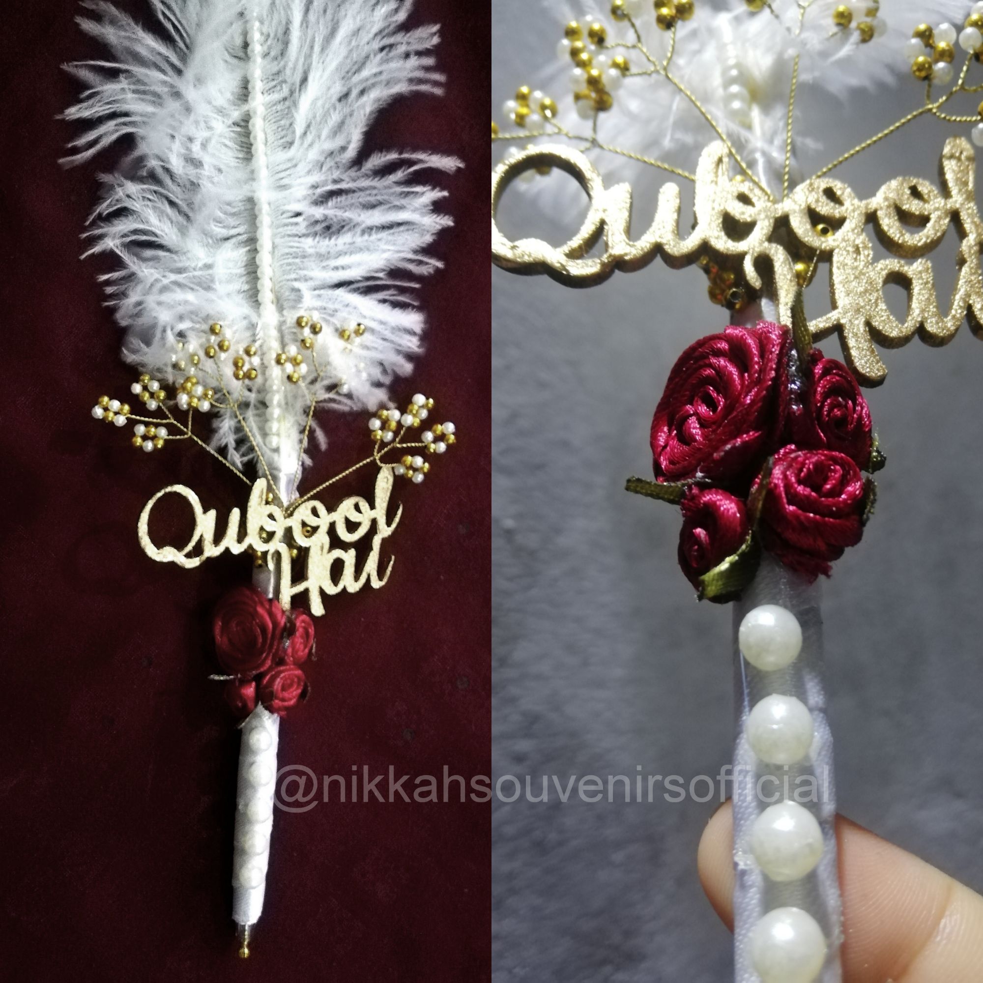 White feathers wooden text Qubool hai red rose Nikkah pen Gift for ...