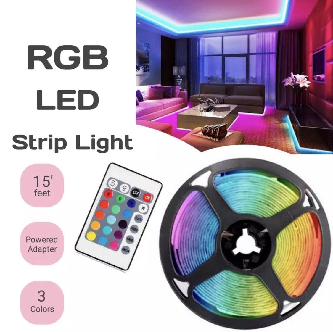RGB 16 Colors LED Strip Color Changing Remote Control Light 15ft for ...