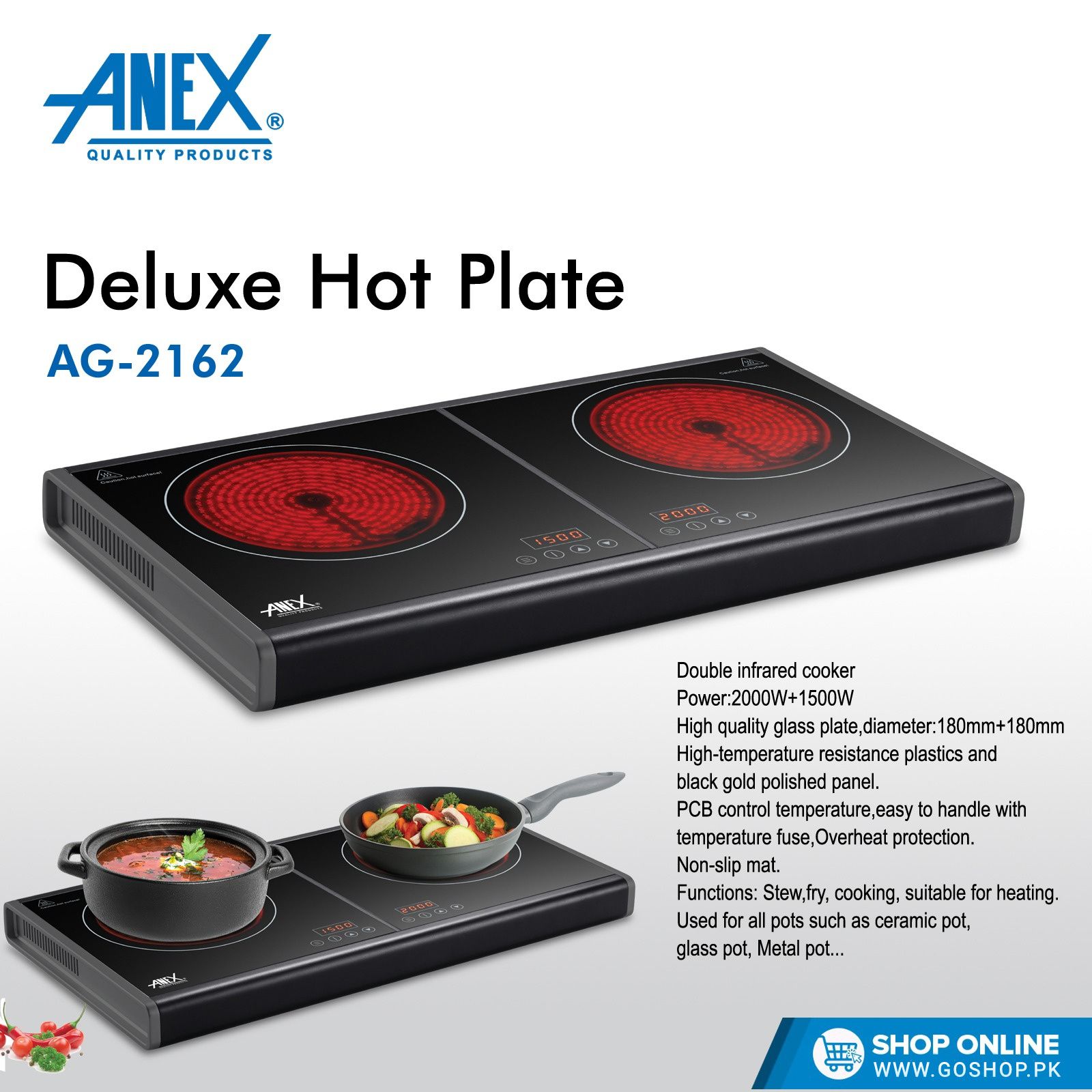 Anex Electric Stove AG-2162 Ceramic Cooker - 2 Burners Hotplate ...