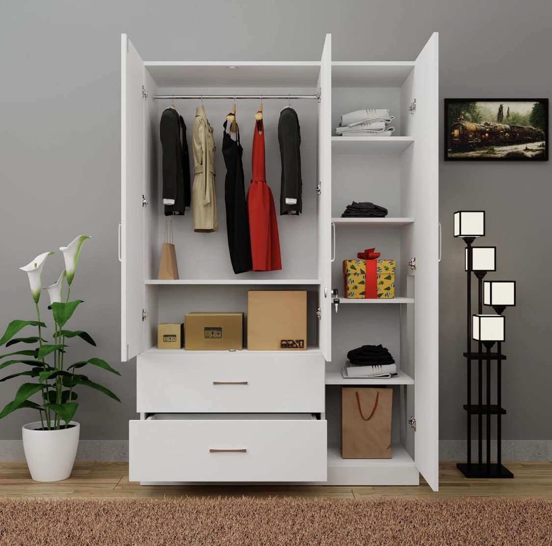 BM Furniture Wooden Almirah for Clothes Door for Bedroom 3 Door Wardrobe with Drawer Hanging Space Frosty White D16 inch x L40inch x H66inch Daraz.pk