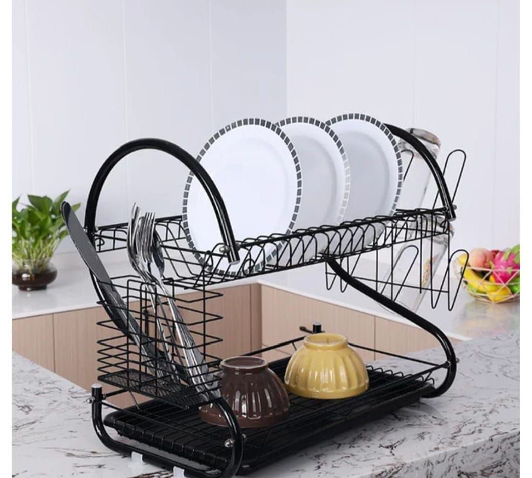 S SHAPE BLACK Double Decker Dish Rack, Multifunction Plate Dish spoon ...