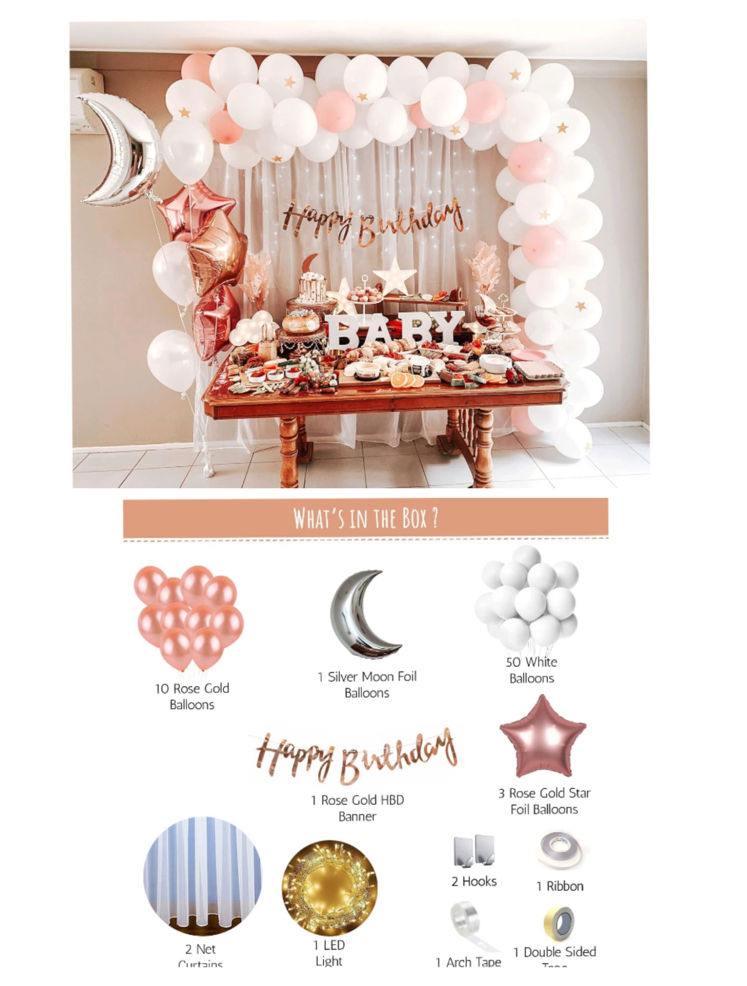 pack of 73 pcs themes set Rose gold and White Birthday Decoration Items ...