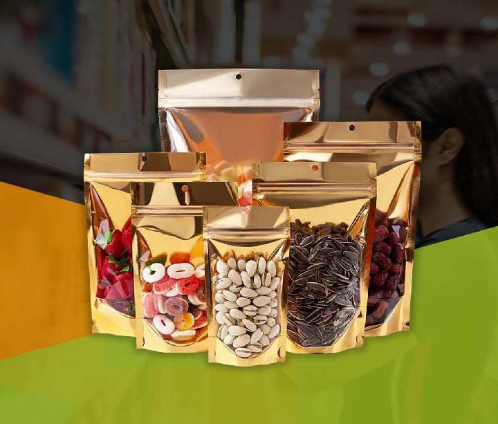 Pack of 25 pcs golden standup pouch, ziplock standup pouch bags front ...