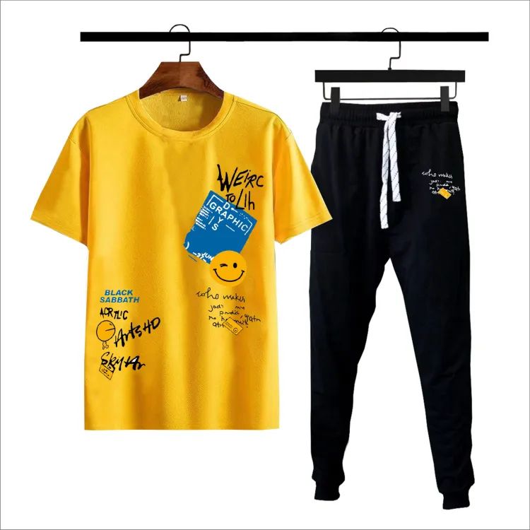 Smiley printed Track suit for unisex in yellow tshirt and black Trouser ...