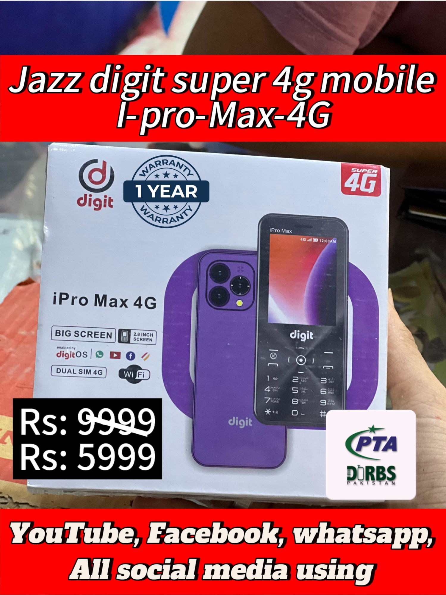 Jazz digit 4G feature phone i-pro-max 4d internet phone double sim PTA ...