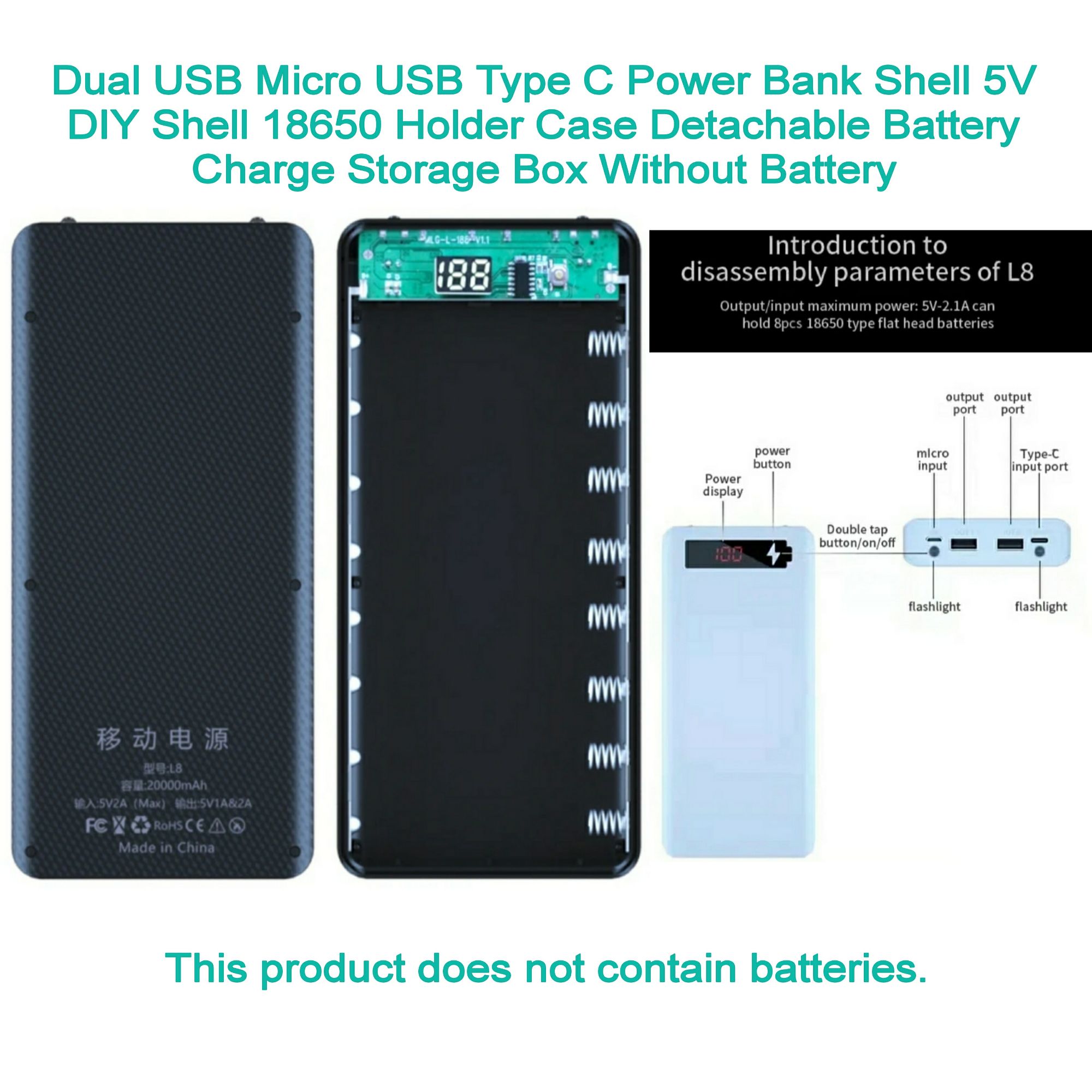 Dual USB Micro USB Type C Power Bank Shell 5V DIY Shell 18650 Holder ...