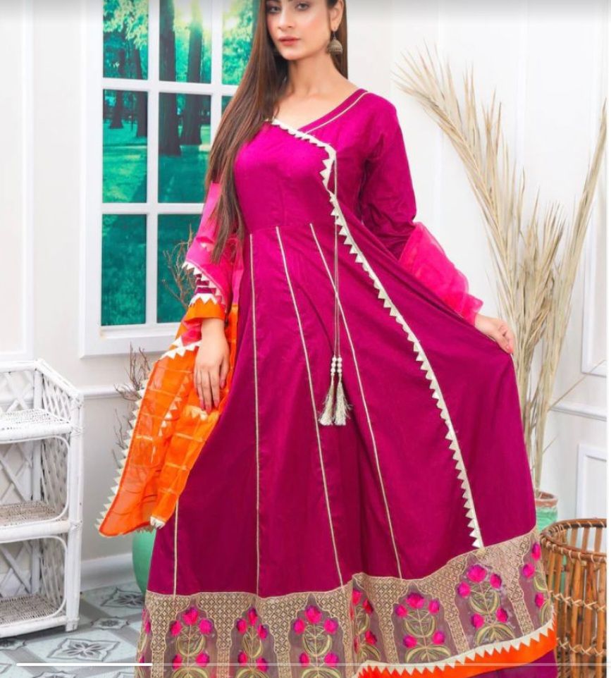 Emroidered maxi with organza dobbata and kattan silk trouser 3 pc dress ...