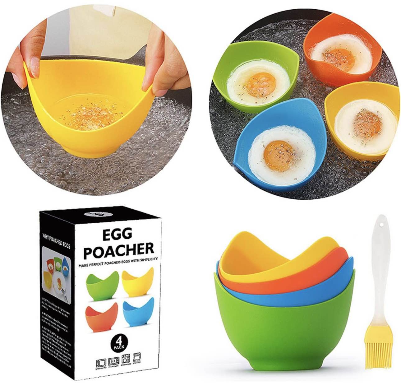 Egg Poacher, 4 Pack Colorful Silicone Poached Egg Cooker with Extra Oil ...