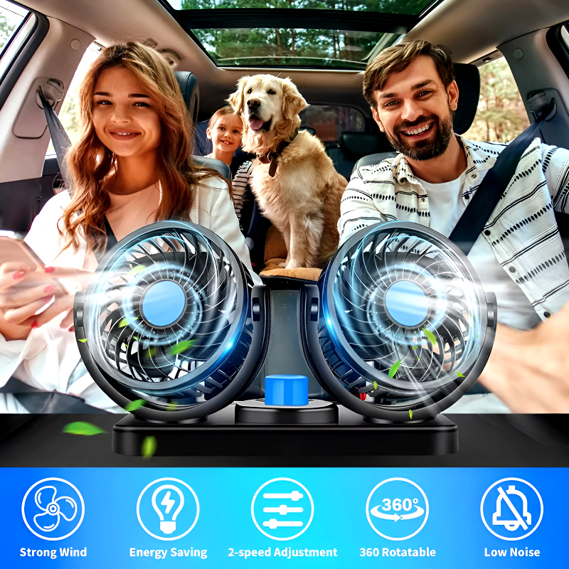 F30 Dual-Headed 360° Rotating Car Fan with Low Noise & Adjustable ...
