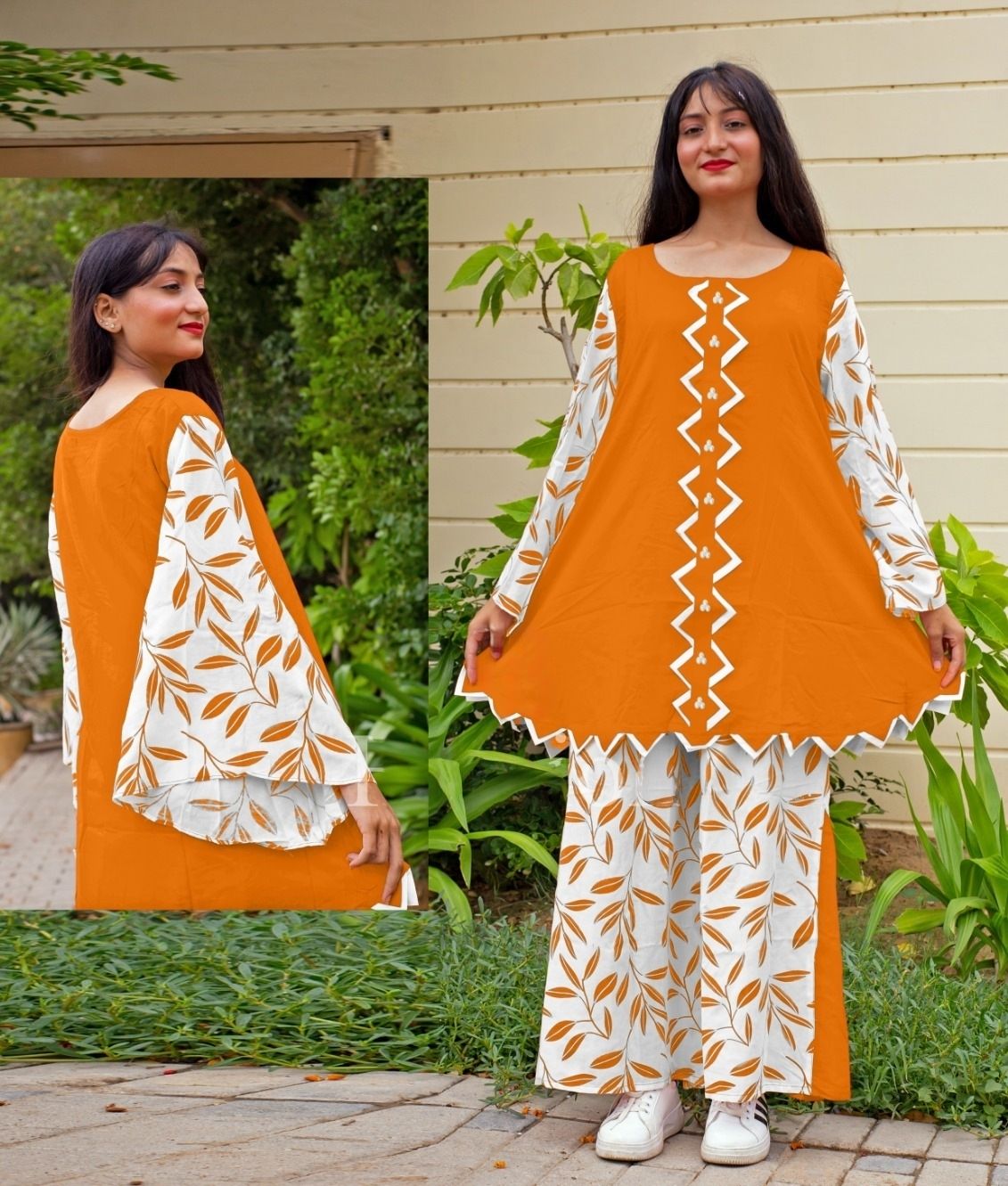 Two Piece Pearl Moti Work Frock With Printed Sleeves And Printed ...