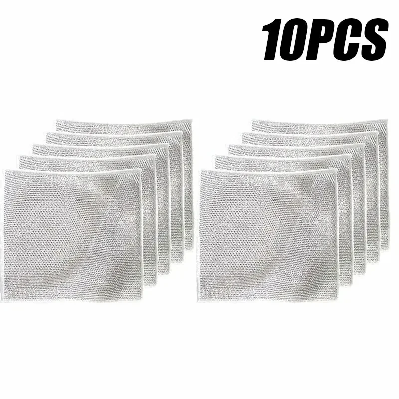 10pcs Magic Dishcloth Silver Wire Cleaning Kitchen Cloth Thickened ...
