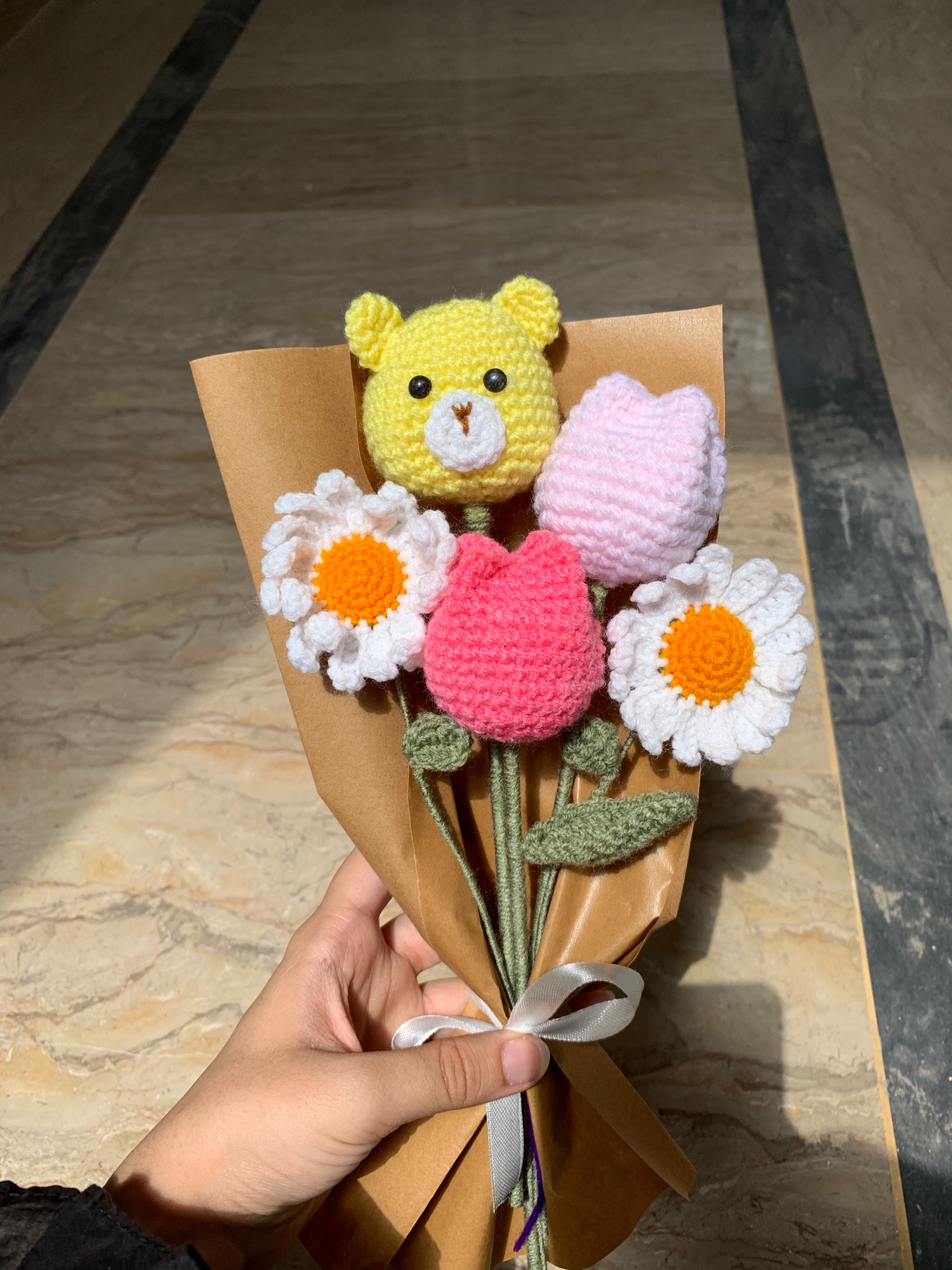 Crochet handmade bouquet with complementary khaaki wrapping and stamped custom note | Daraz.pk